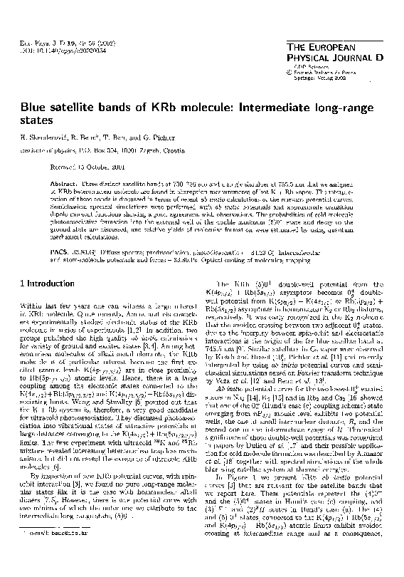 (PDF) Blue satellite bands of KRb molecule: Intermediate long-range ...