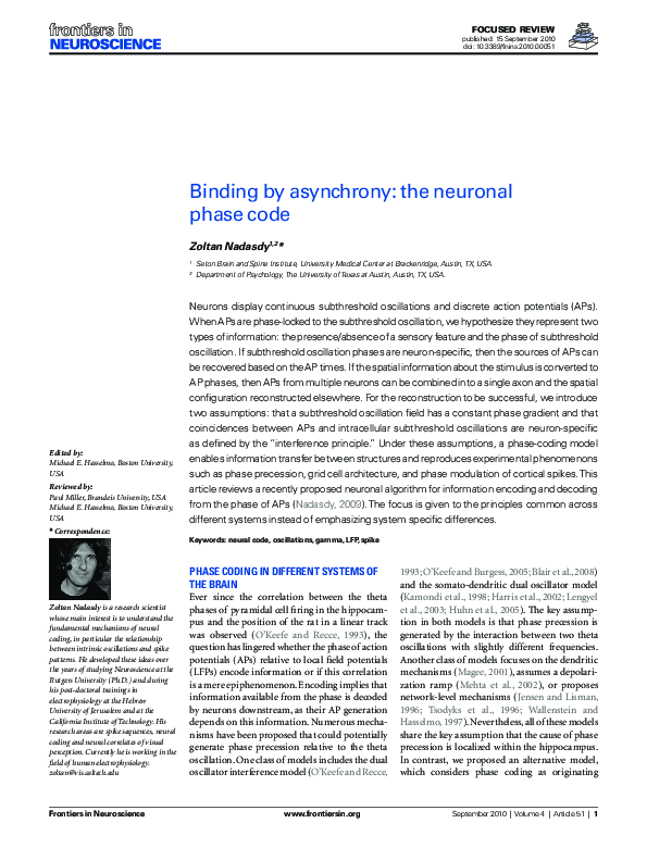 (PDF) Binding by asynchrony: the neuronal phase code | Zoltan Nadasdy - Academia.edu