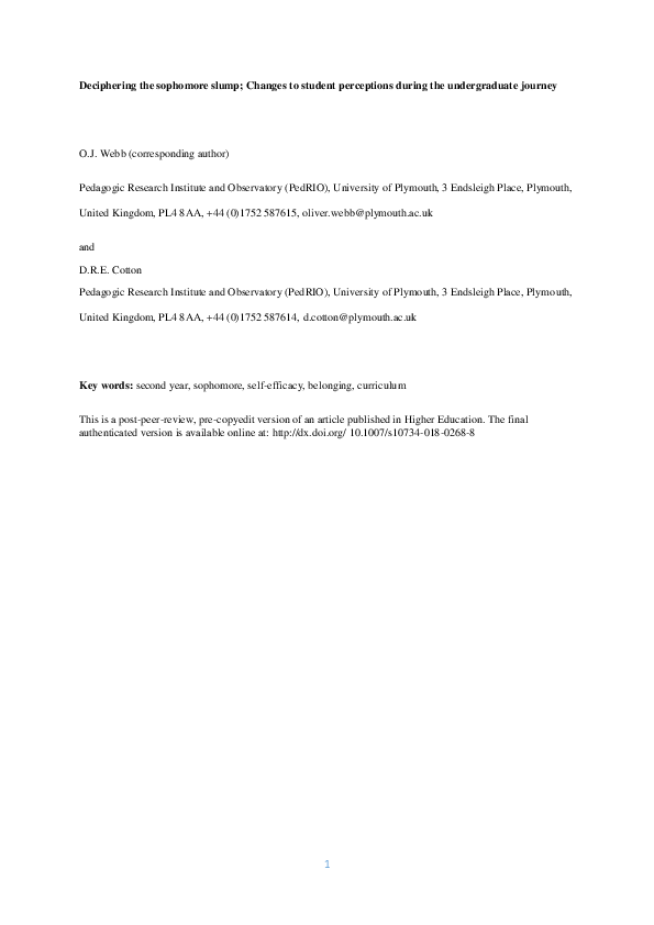 (PDF) Deciphering the sophomore slump: changes to student perceptions ...