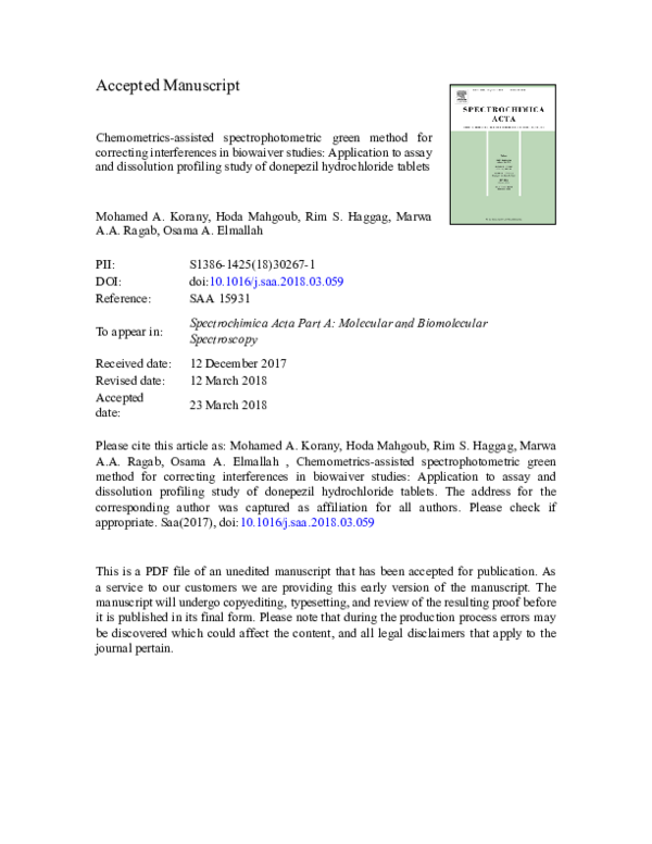 Pdf Chemometrics Assisted Spectrophotometric Green Method For Correcting Interferences In