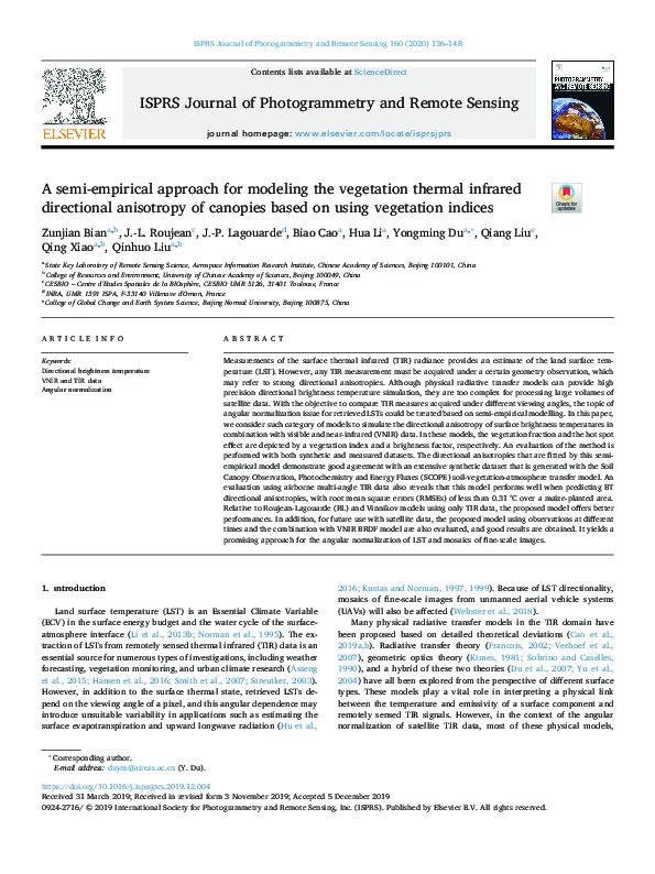 Pdf A Semi Empirical Approach For Modeling The Vegetation Thermal Infrared Directional