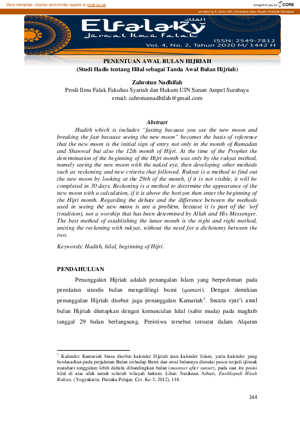 (PDF) PENENTUAN AWAL BULAN HIJRIAH (Studi Hadis tentang Hilal sebagai ...