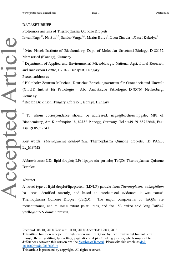 (PDF) Proteomics Analysis of Thermoplasma Quinone Droplets (PDF) Proteomics Analysis of Thermoplasma Quinone Droplets