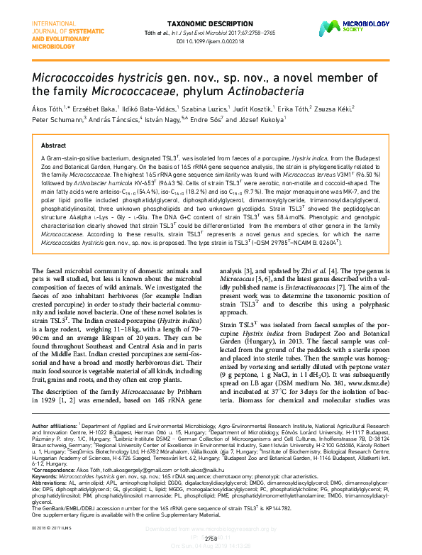 (PDF) Micrococcoides hystricis gen. nov., sp. nov., a novel member of ...