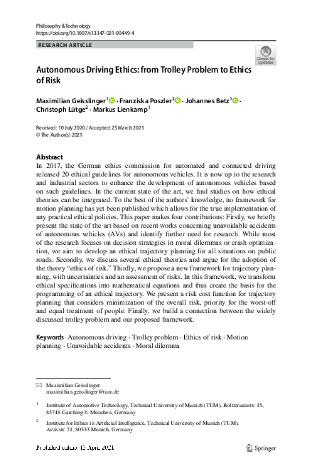 (PDF) Autonomous Driving Ethics: from Trolley Problem to Ethics of Risk ...