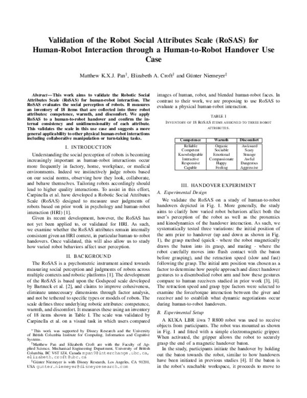 (PDF) Validation of the Robot Social Attributes Scale (RoSAS) for Human ...