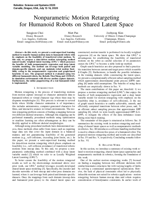 (PDF) Nonparametric Motion Retargeting for Humanoid Robots on Shared Latent Space