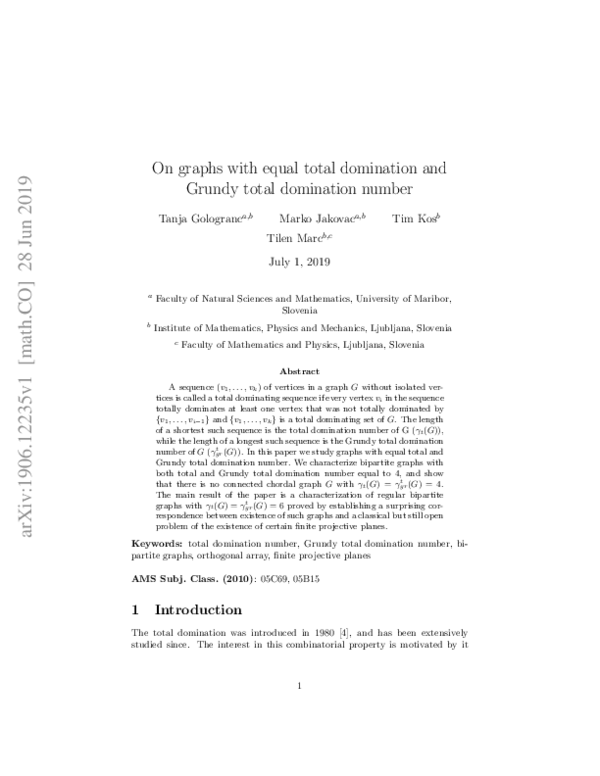 (PDF) On graphs with equal total domination and Grundy total domination ...