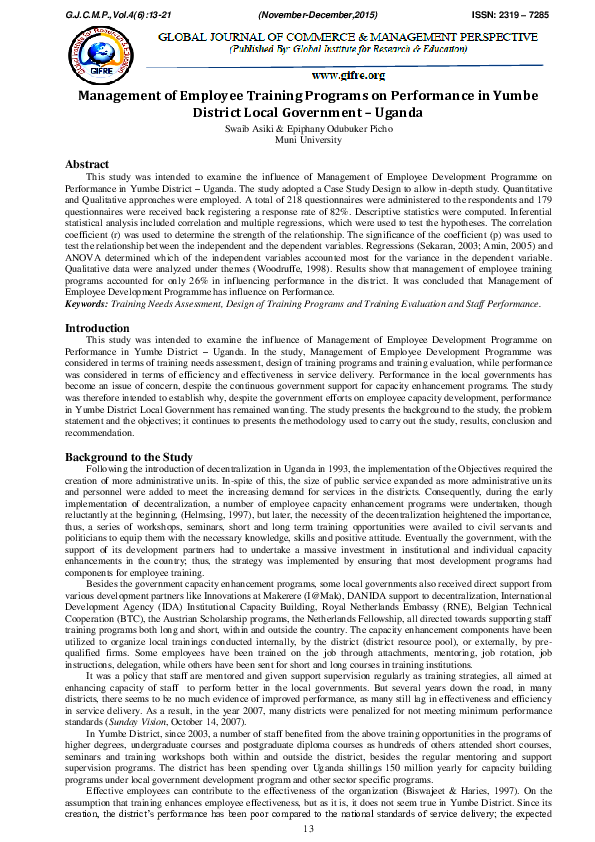 (PDF) Management of Employee Training Programs on Performance in Yumbe District Local Government ...