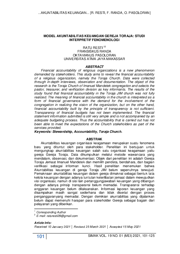 (PDF) Model Akuntabilitas Keuangan Gereja Toraja: Studi Interpretif ...