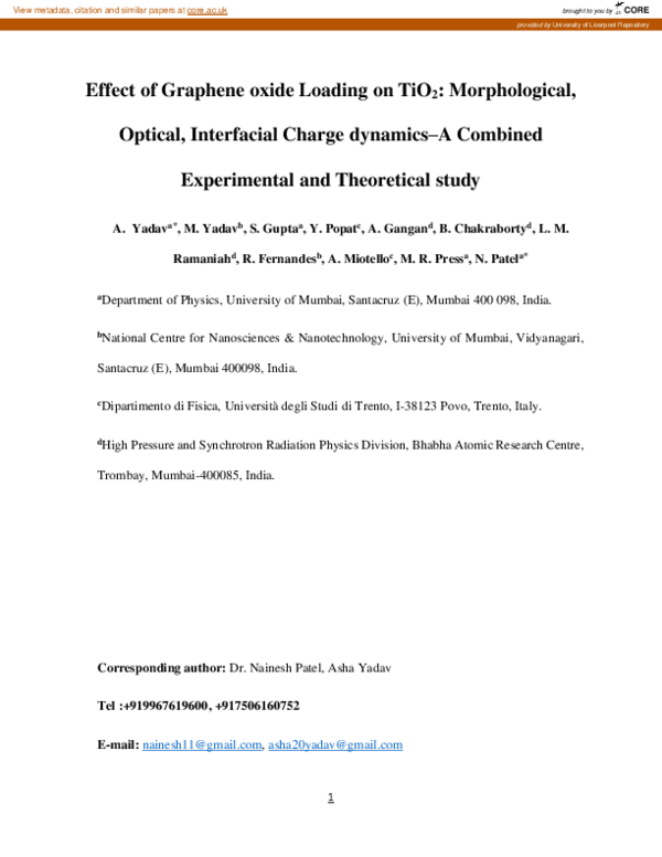 (PDF) Effect of graphene oxide loading on TiO2: Morphological, optical ...