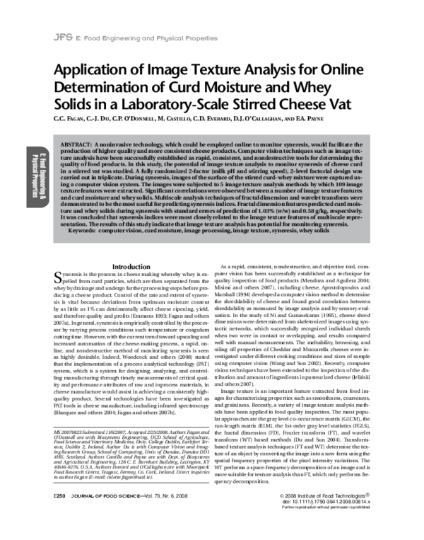 (PDF) Application of Image Texture Analysis for Online Determination of Curd Moisture and Whey ...