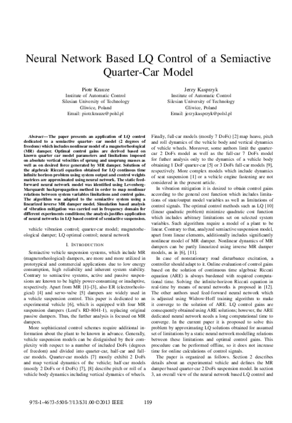 (PDF) Neural network based LQ control of a semiactive quarter-car model | jerzy kasprzyk ...