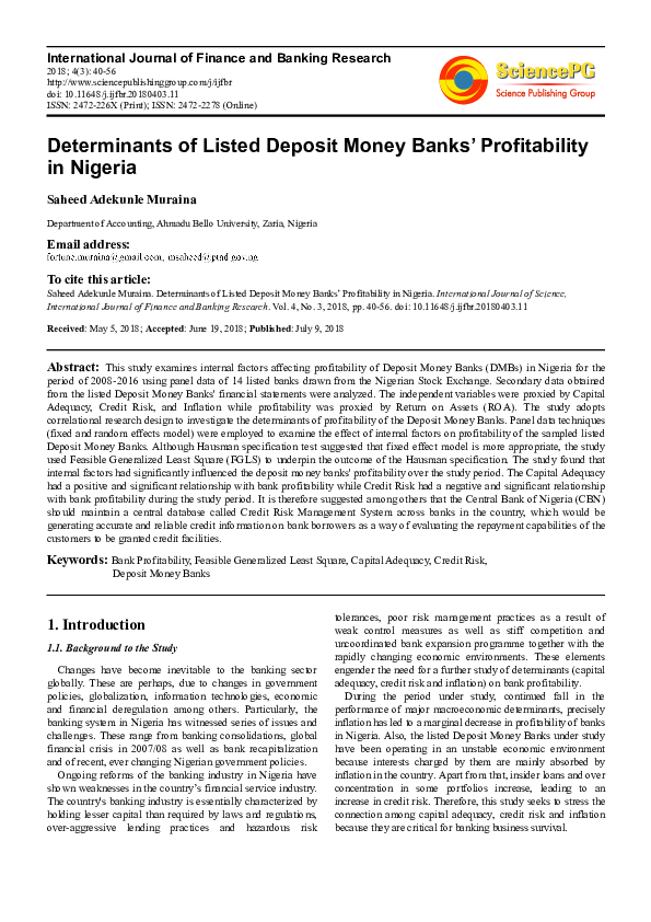 (PDF) Determinants of Listed Deposit Money Banks’ Profitability in Nigeria