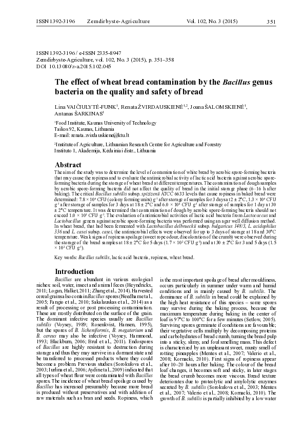 The effect of wheat bread contamination by the Bacillus genus bacteria ...