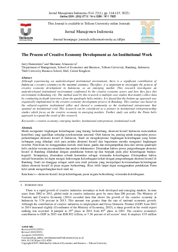 (PDF) The Process of Creative Economy Development as An Institutional Work