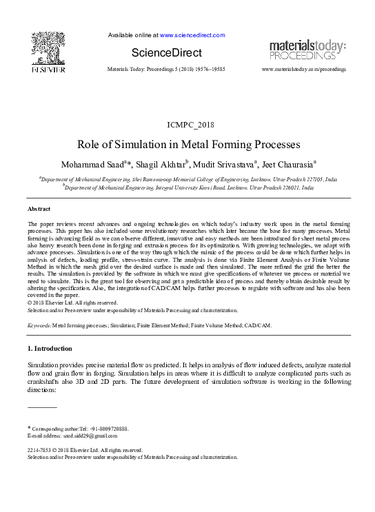 Pdf Role Of Simulation In Metal Forming Processes