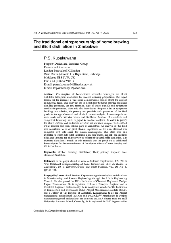 (PDF) The traditional entrepreneurship of home brewing and illicit ...