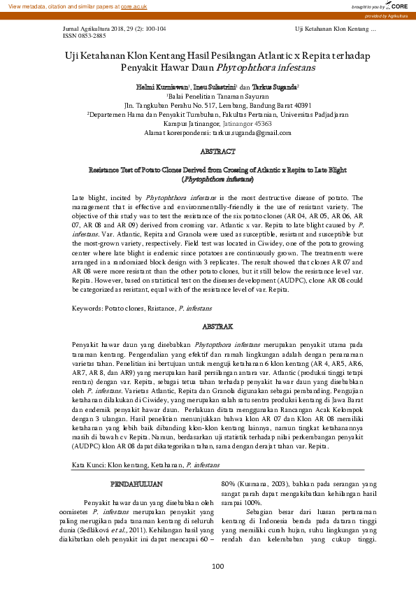 (PDF) Uji Ketahanan Klon Kentang Hasil Pesilangan Atlantic x Repita ...