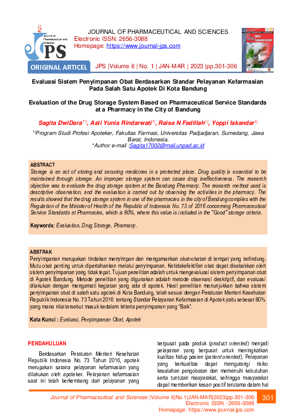 Pdf Evaluasi Sistem Penyimpanan Obat Berdasarkan Standar Pelayanan
