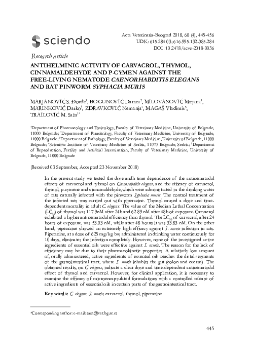 (PDF) Antihelminic Activity of Carvacrol, Thymol, Cinnamaldehyde and P ...