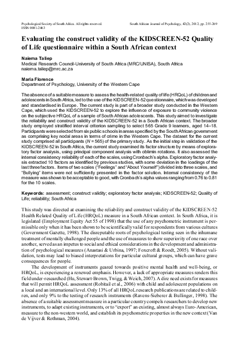 (PDF) Evaluating the construct validity of the KIDSCREEN-52 Quality