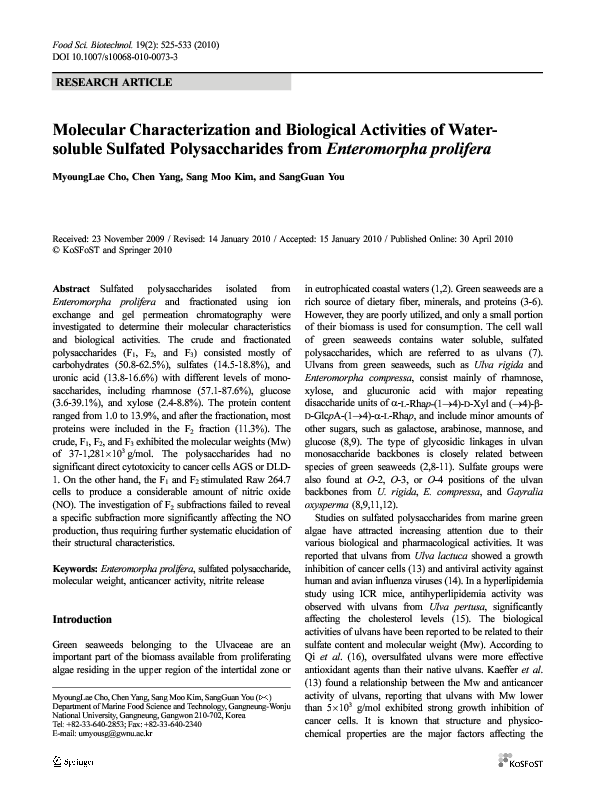 (PDF) Molecular characterization and biological activities of watersoluble sulfated ...