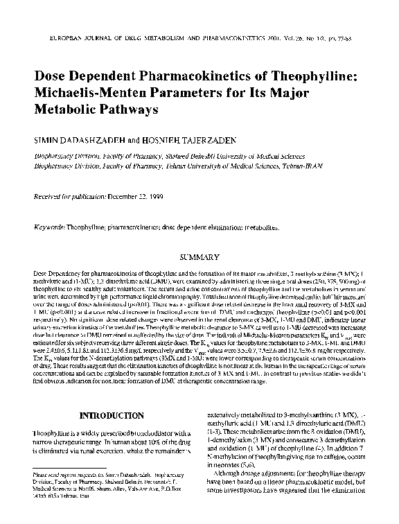 (PDF) Dose dependent pharmacokinetics of theophylline: Michaelis-menten ...