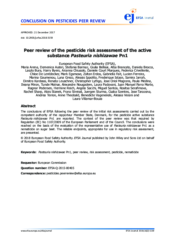 Pdf Peer Review Of The Pesticide Risk Assessment Of The Active Substance Pasteuria Nishizawae