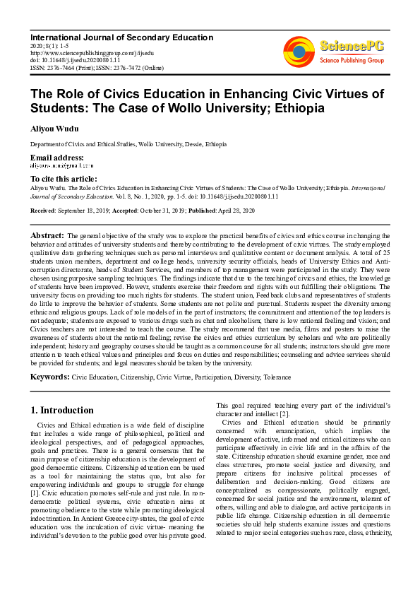 (PDF) The Role of Civics Education in Enhancing Civic Virtues of ...