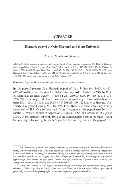 (PDF) Homeric papyri at Oslo, Harvard and Graz University