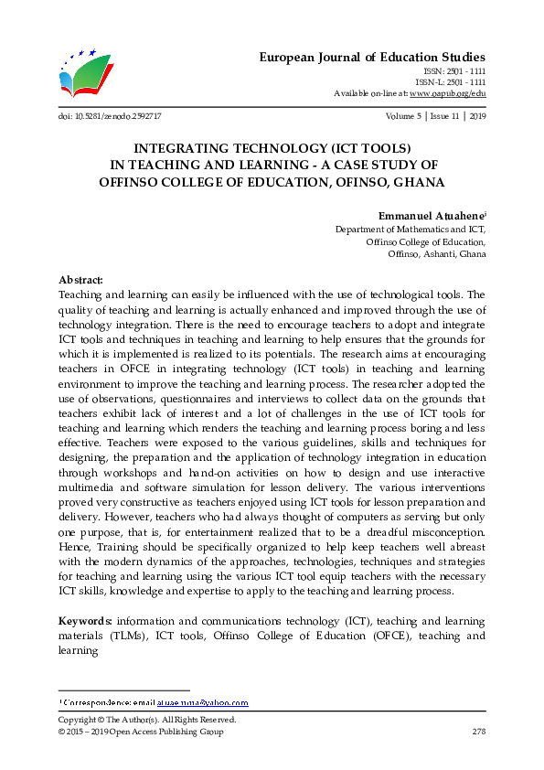 (PDF) Integrating Technology (Ict Tools) in Teaching and Learning - a Case Study of Offinso ...