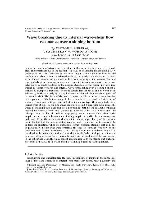 Pdf Wave Breaking Due To Internal Wave Shear Flow Resonance Over A Sloping Bottom