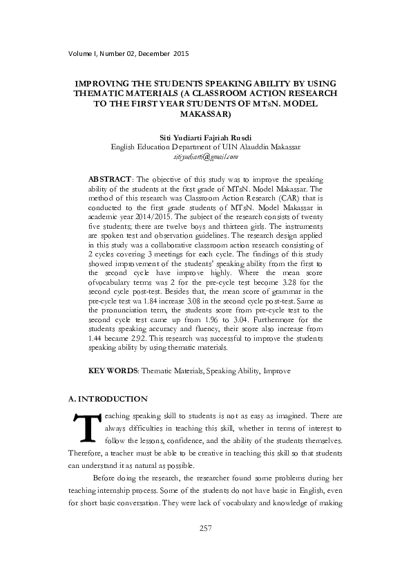 (PDF) Improving the Students Speaking Ability by Using Thematic Materials (A Classroom Action ...