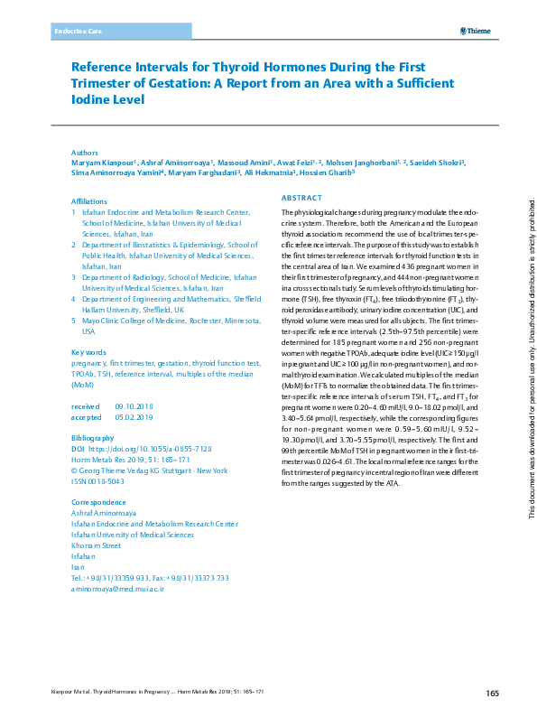 (PDF) Reference Intervals for Thyroid Hormones During the First Trimester of Gestation: A Report ...