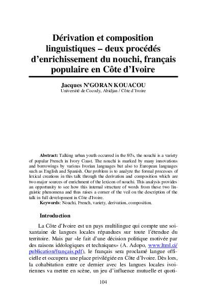 (PDF) Dérivation et composition linguistiques – deux procédés d’enrichissement du nouchi ...