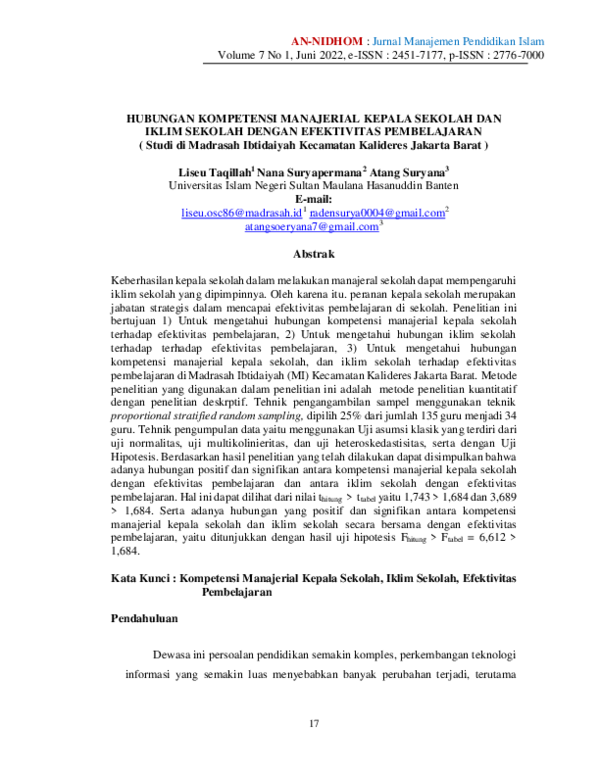 (PDF) Hubungan Kompetensi Manajerial Kepala Sekolah Dan Iklim Sekolah Dengan Efektivitas ...