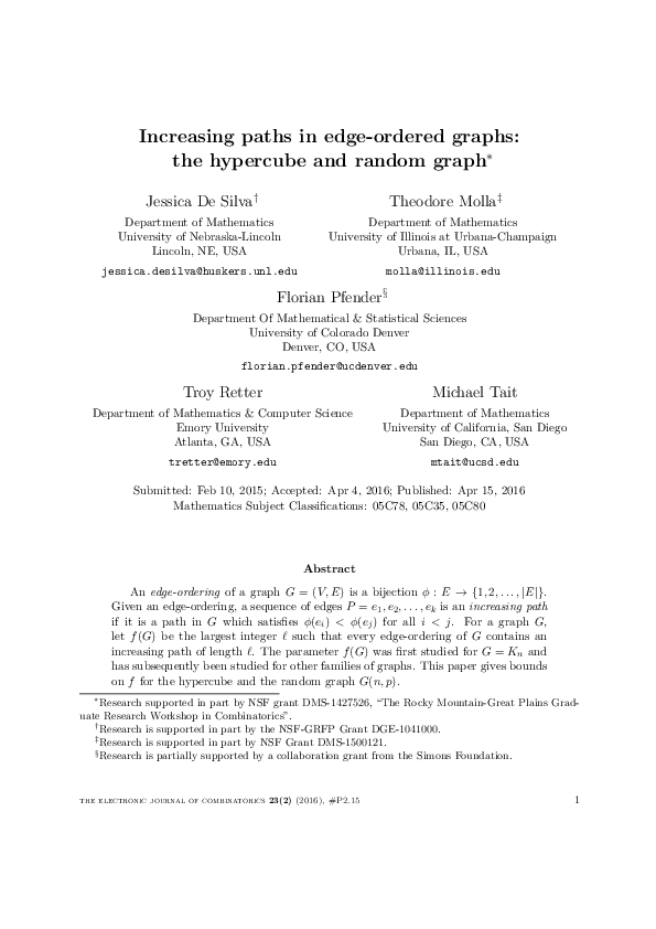 Pdf Increasing Paths In Edge Ordered Graphs The Hypercube And Random Graph Florian Pfender