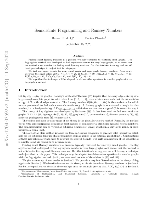 (PDF) Semidefinite Programming and Ramsey Numbers | Florian Pfender - Academia.edu
