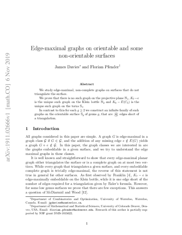 (PDF) Edge‐maximal graphs on orientable and some nonorientable surfaces | Florian Pfender ...