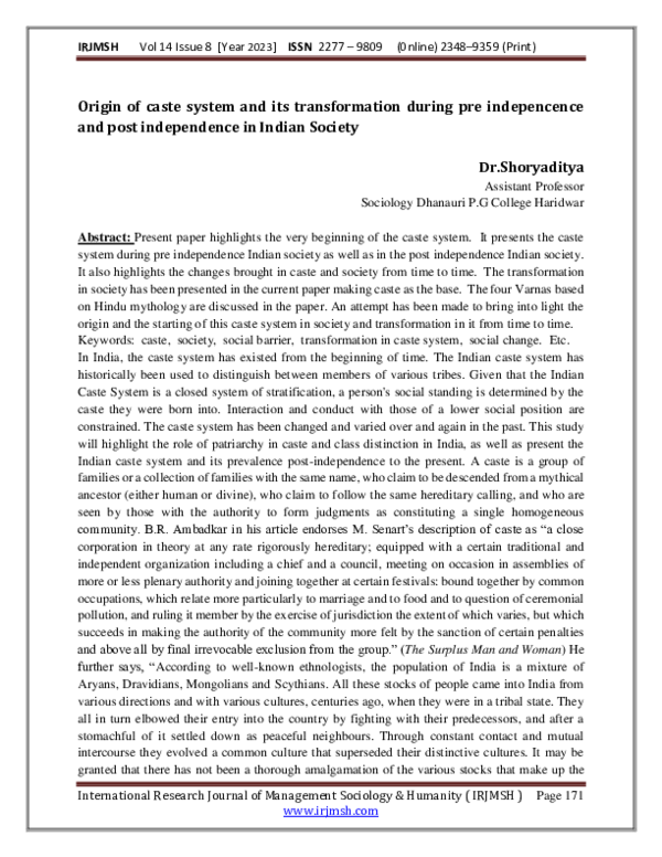 (PDF) Origin of caste system and its transformation during pre ...