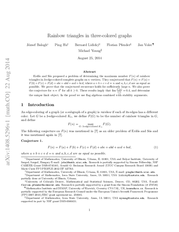 (PDF) Rainbow triangles in three-colored graphs | Florian Pfender - Academia.edu