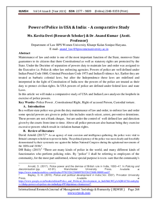 (PDF) Power of Police in USA & India: -A comparative Study