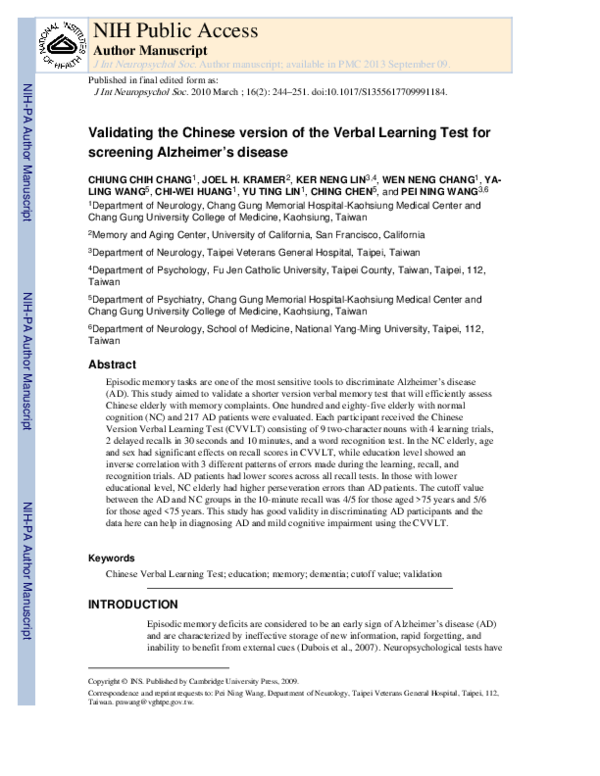 (PDF) Validating the Chinese version of the Verbal Learning Test for ...