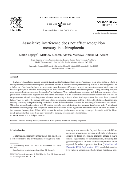 (PDF) Associative interference does not affect recognition memory in schizophrenia
