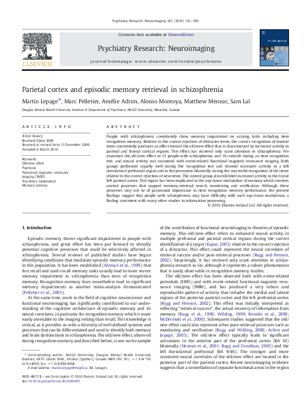 (PDF) Parietal cortex and episodic memory retrieval in schizophrenia