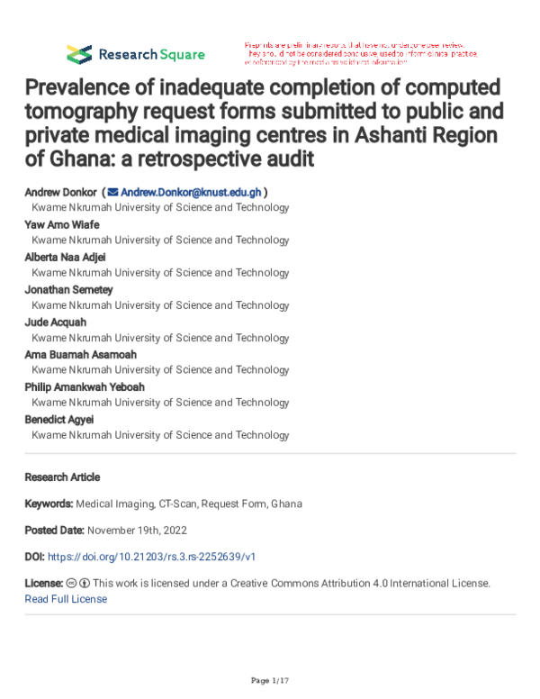(PDF) Prevalence of inadequate completion of computed tomography request forms submitted to ...