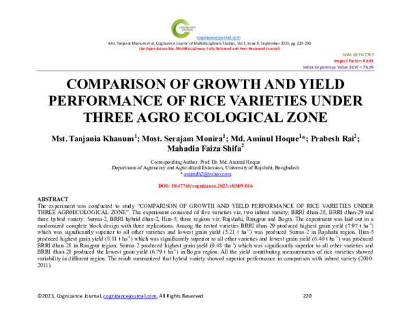 (PDF) COMPARISON OF GROWTH AND YIELD PERFORMANCE OF RICE VARIETIES ...
