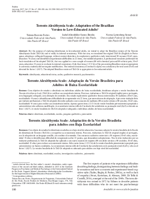 (PDF) Toronto Alexithymia Scale: Adaptação da Versão Brasileira para ...