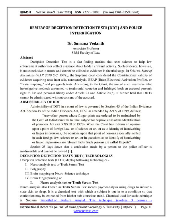 (PDF) REVIEW OF DECEPTION DETECTION TESTS (DDT) AND POLICE INTERROGATION